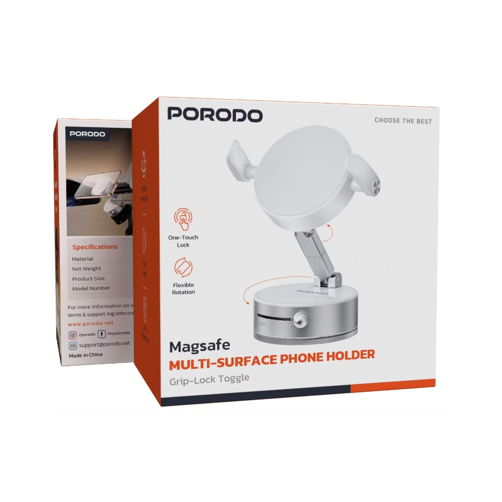 Porodo MagSafe Multi-Surface Phone Holder with Grip-Lock Toggle, Flexi ...