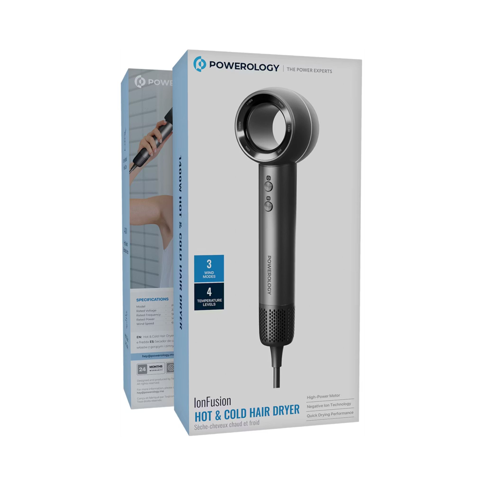 Powerology IonFusion Hot & Cold Hair Dryer, 1400W Rated Power, 65m/s W ...