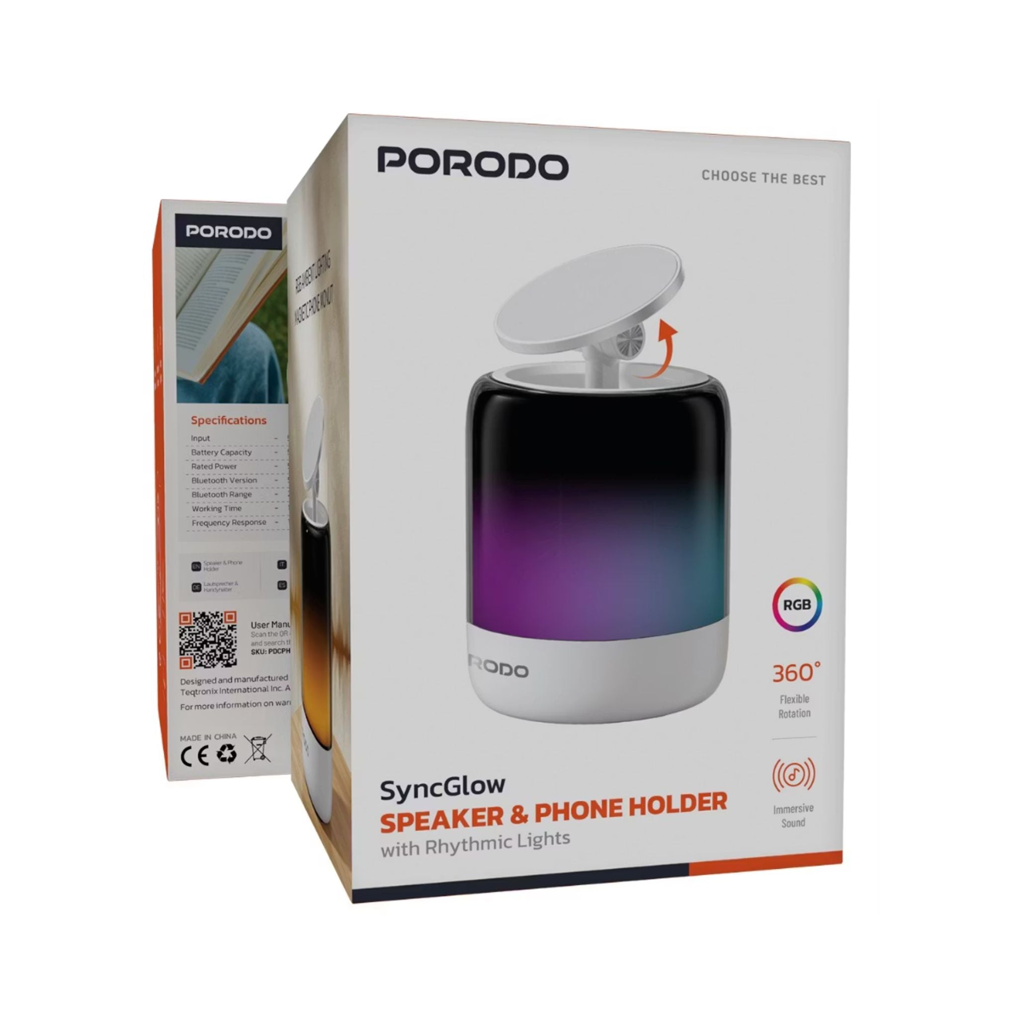 Porodo SyncGlow Speaker & Phone Holder with Rhythmic Lights, 500mAh Ba ...