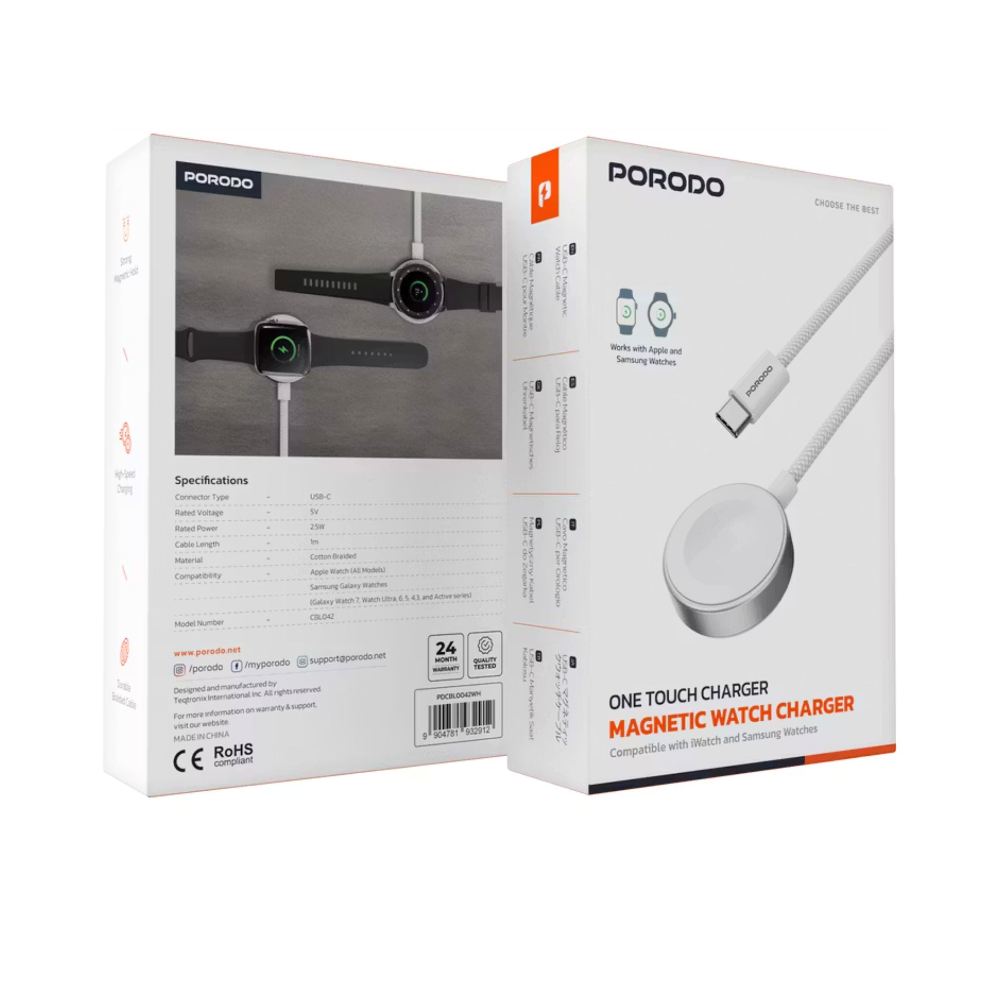 Porodo One Touch Magnetic Watch Charger with 2.5W Rated Power, 1m Cabl ...