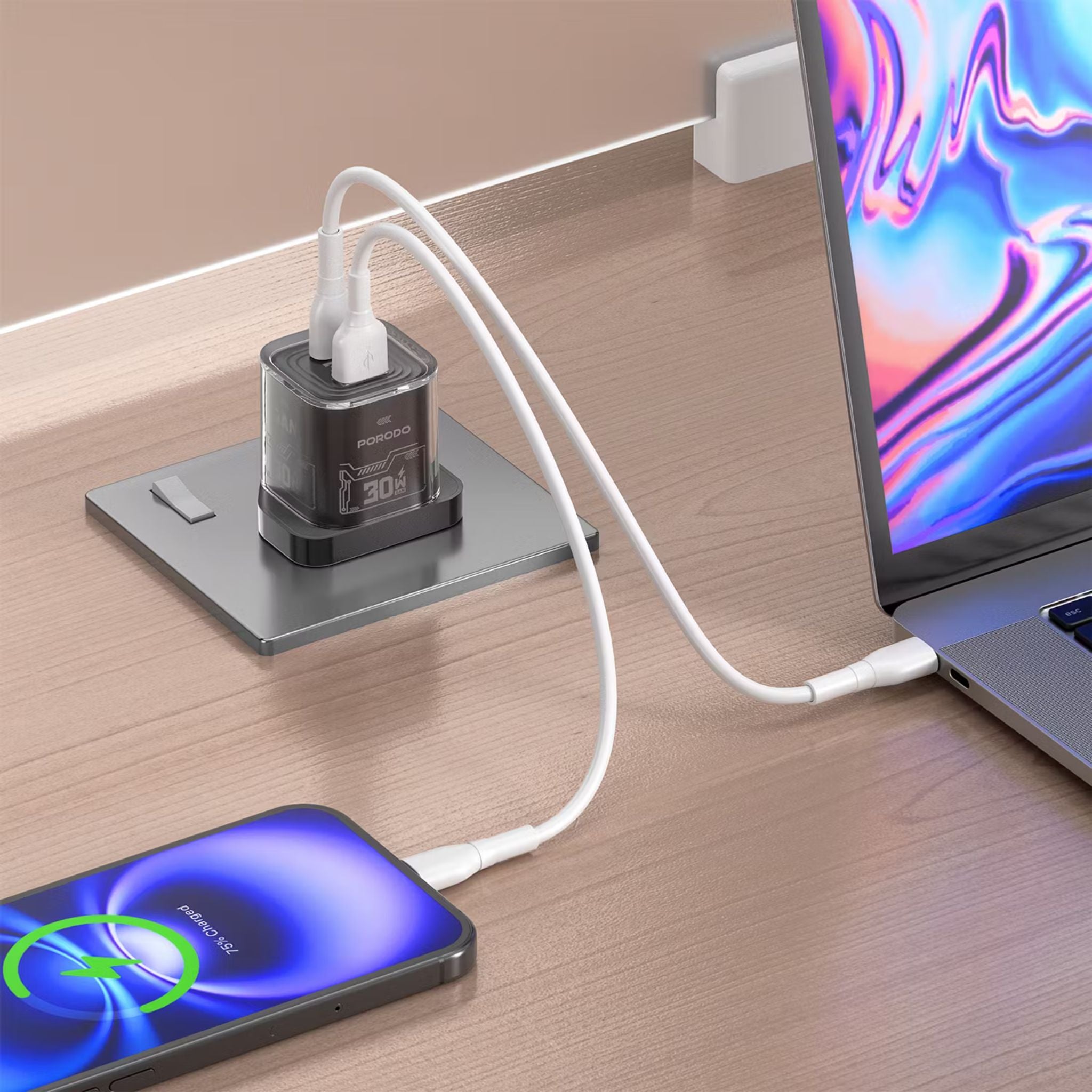 Porodo TEZCLARTÉ Quick Wall Charger with Dual Port Fast Charging, Flam ...