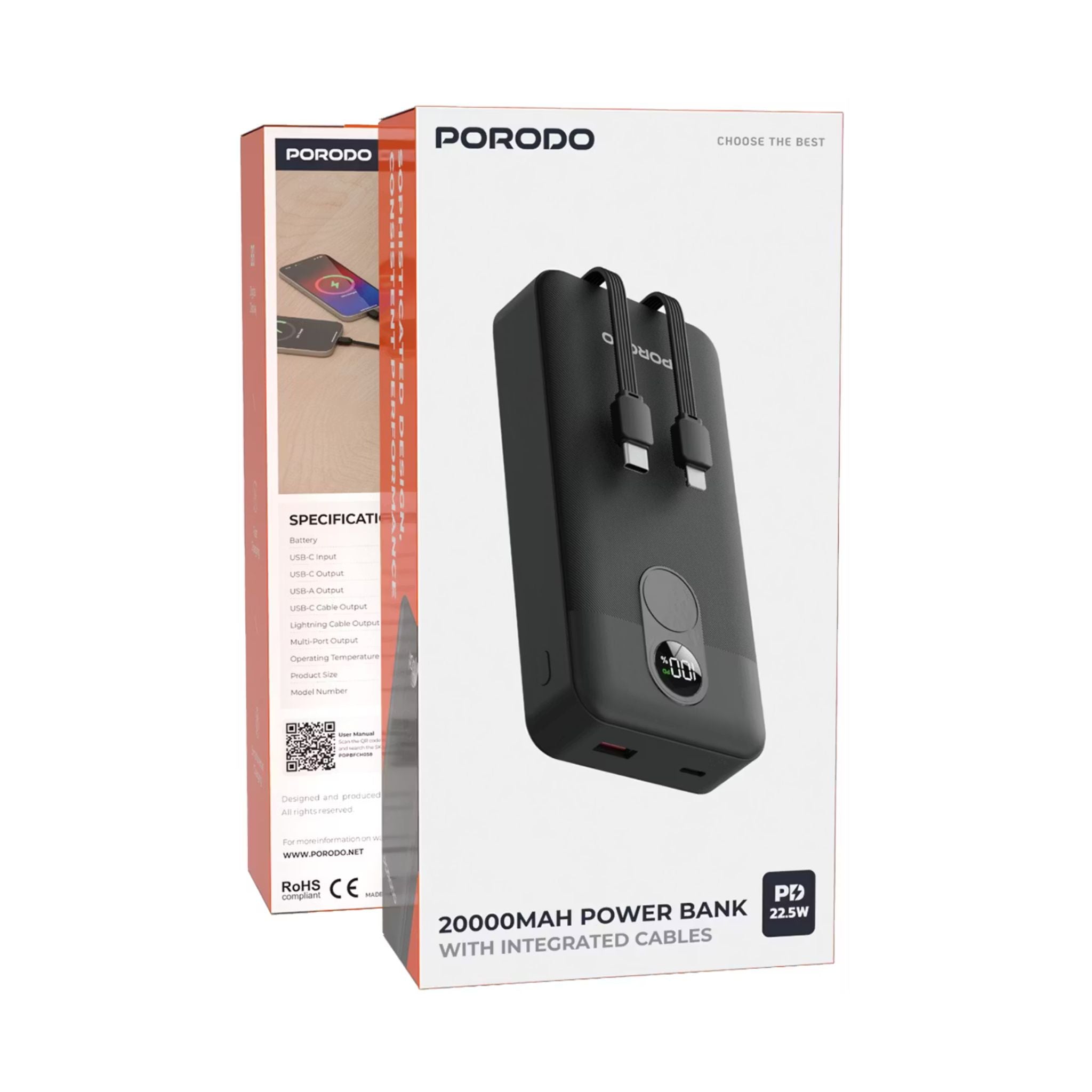 Porodo 20000mAh Power Bank with Built-in Type-C & Lightning Cables, 22 ...