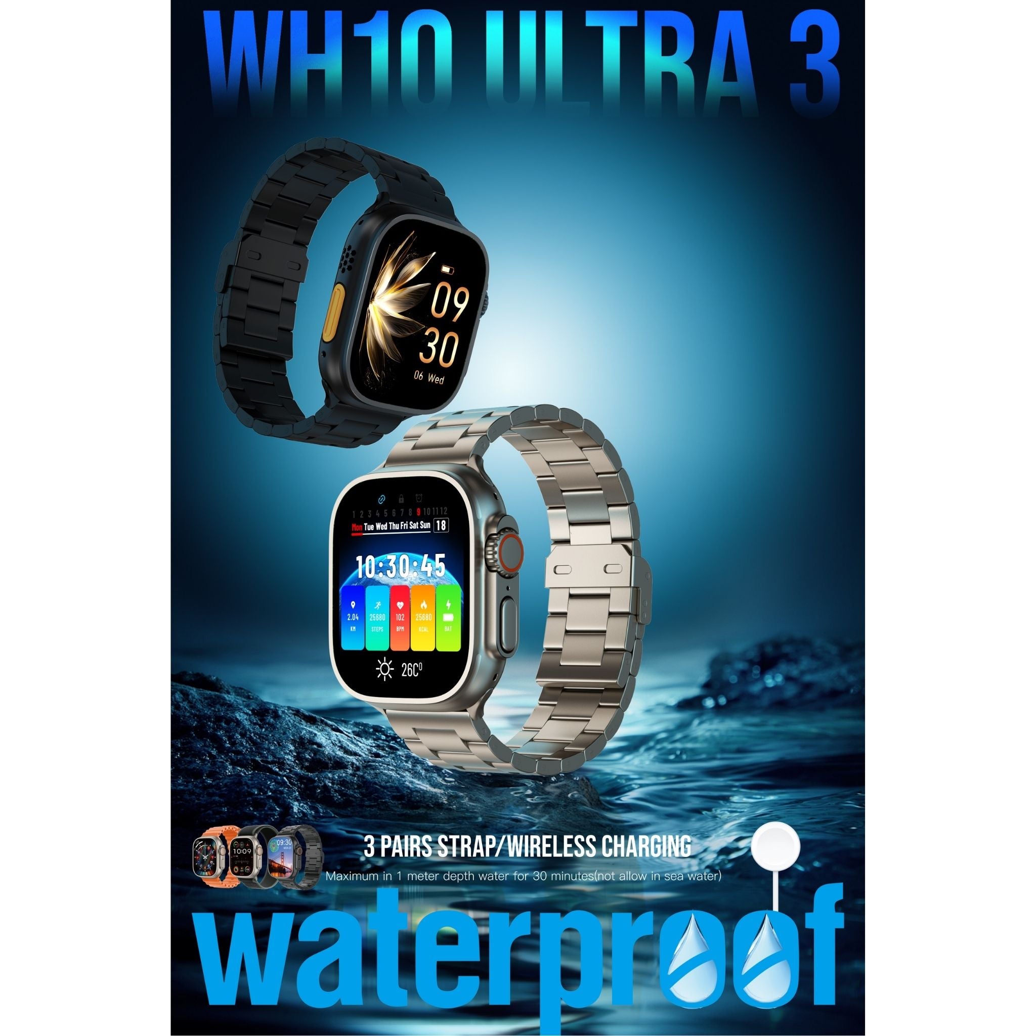 Telzeal WH10 Ultra 3 (3Pair strap/Wireless Charging) Smartwatch cuttin ...