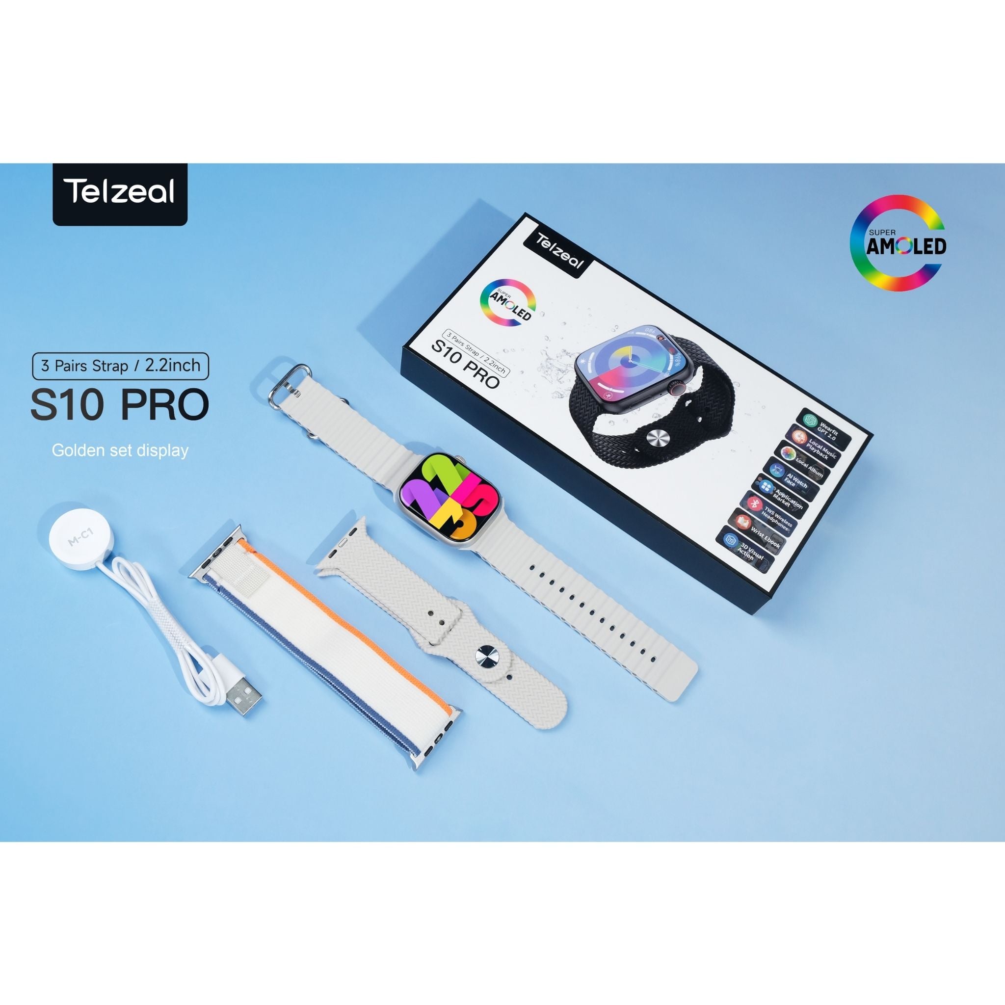 Telzeal S10 Pro AMOLED Display Smart Watch with 3 Pairs of Straps, Wir ...